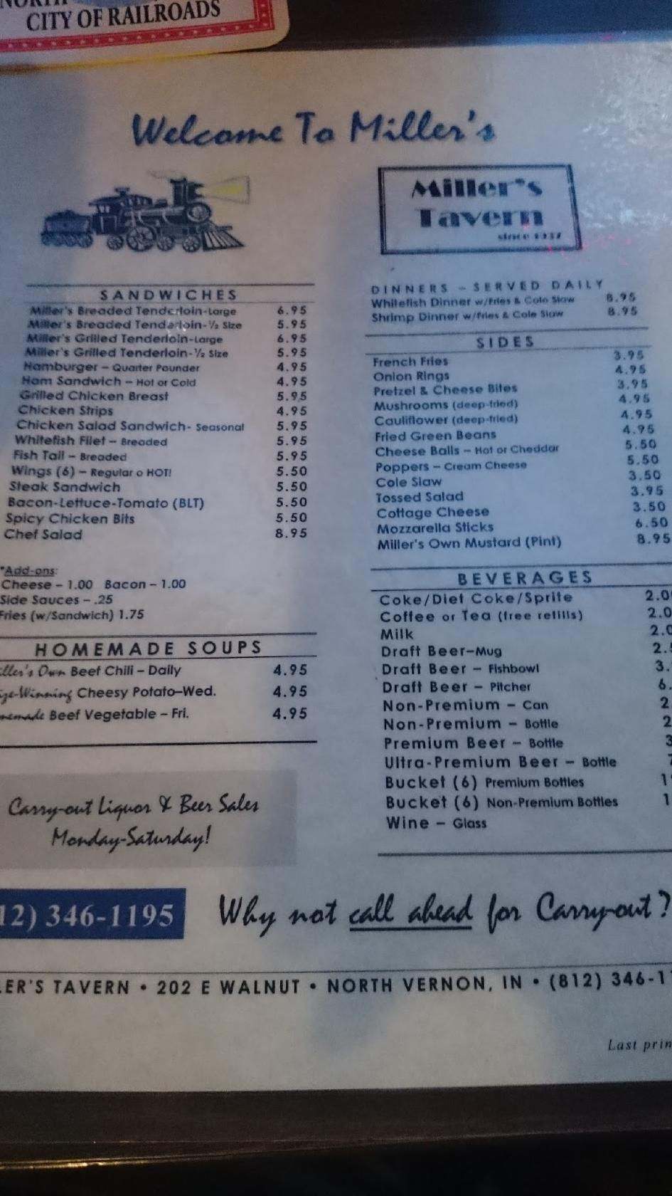 Menu at Miller's Tavern pub & bar, North Vernon