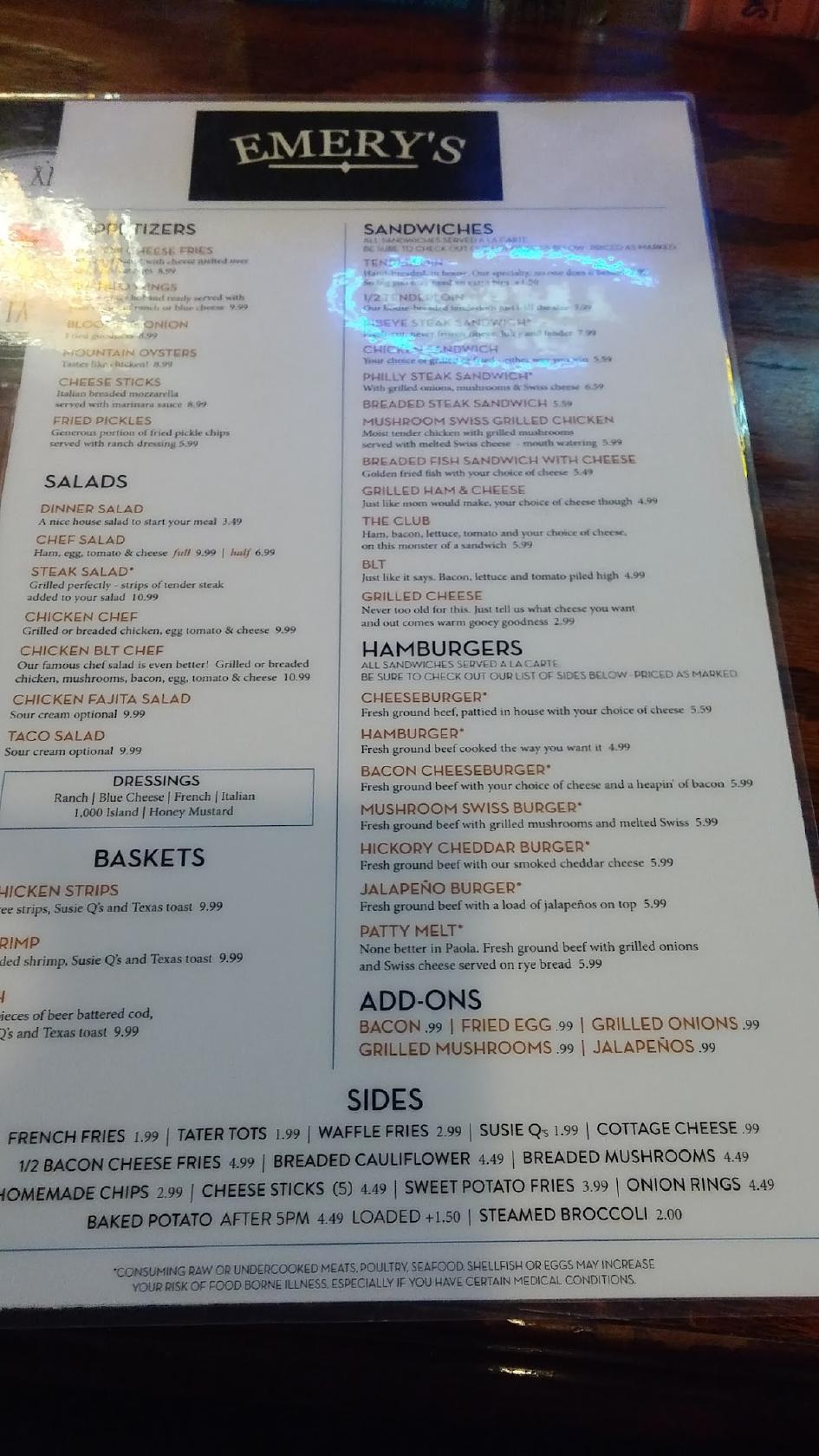 Menu at Milo's Steakhouse, Paola