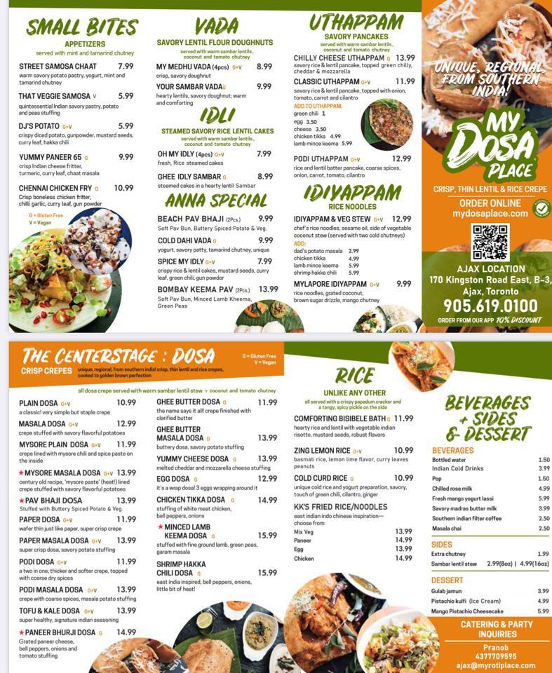 Menu at My Roti Place/My Dosa Place restaurant, Ajax