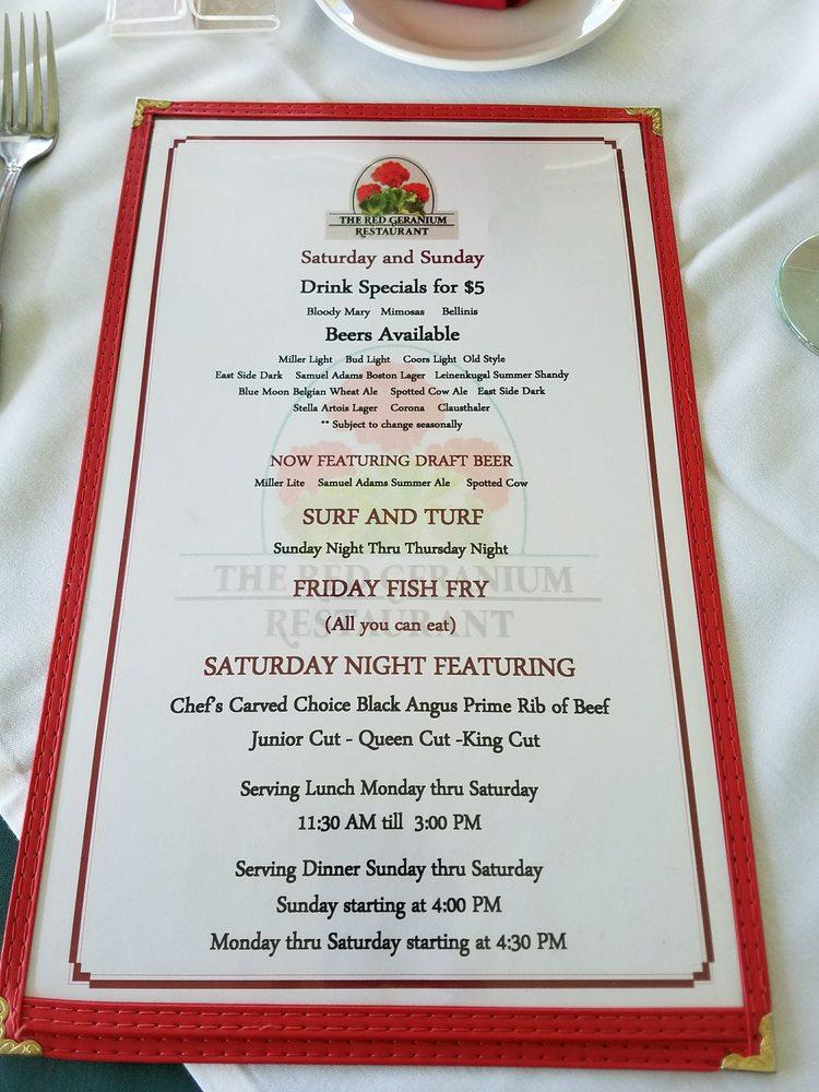 Menu at Red Geranium restaurant, Lake Geneva