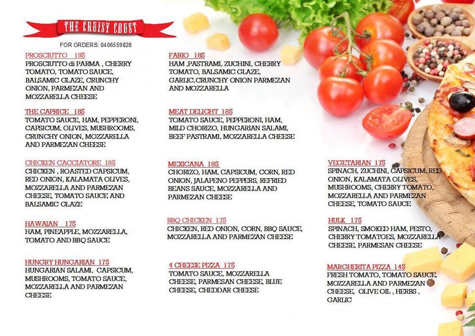 Menu at The Cruisy Crust pizzeria, Millars Well