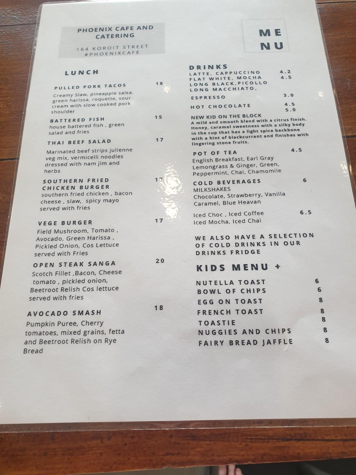 Menu at Phoenix Cafe and Catering, Warrnambool