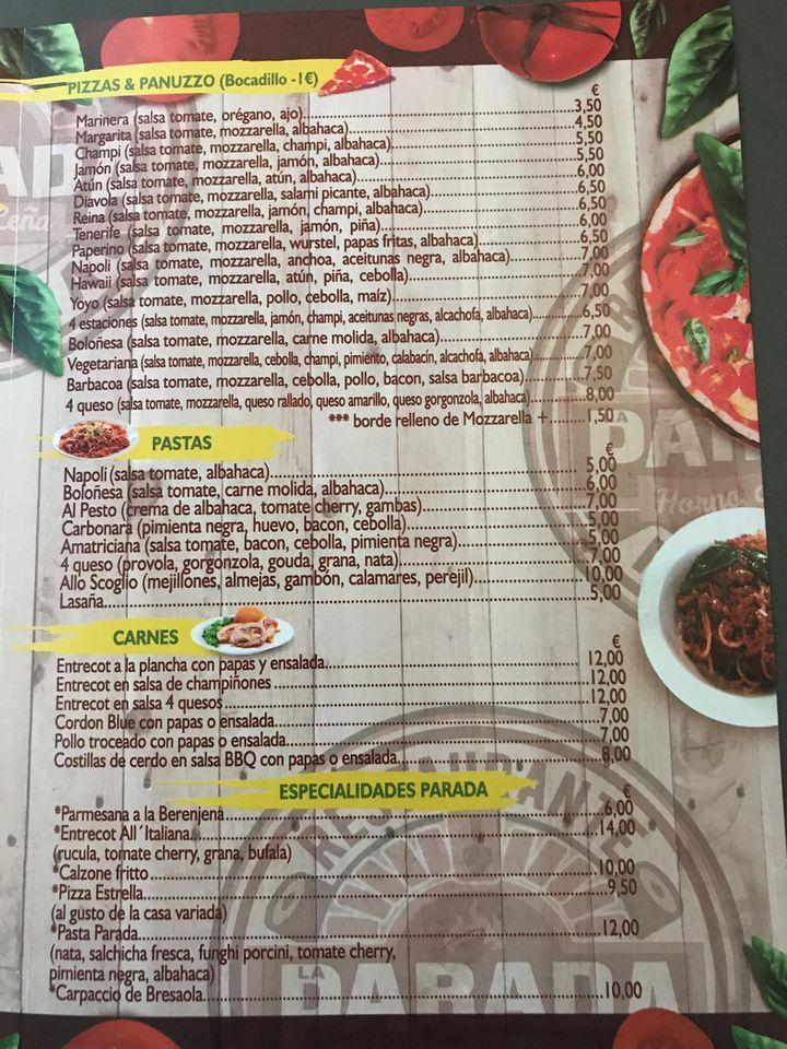 Carta de Pizzería La Parada, Adeje