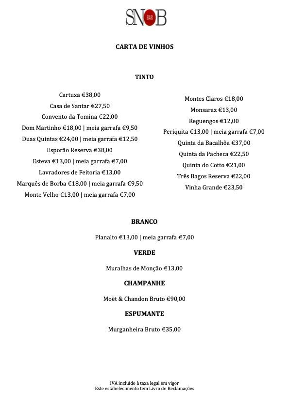 Menu at Snob Bar, Lisbon
