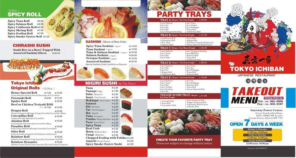 Menu at Tokyo Ichiban Japanese Restaurant, Grande Prairie
