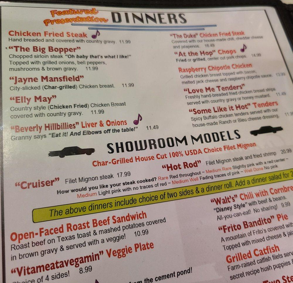 Menu at Yesterday's 50s Diner restaurant, Bridgeport, 305 US-380