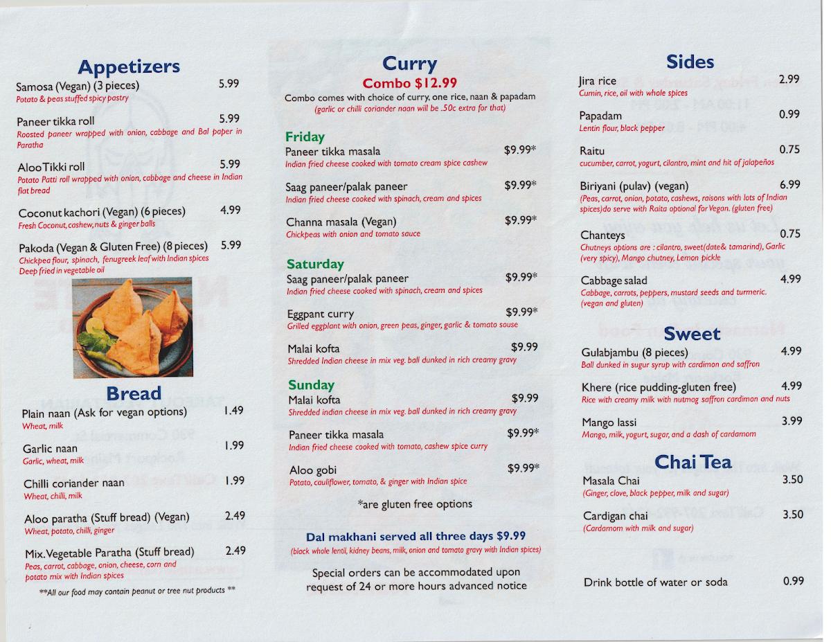 Menu at Namaste Indian Vegetarian Take Out Food restaurant, Rockport