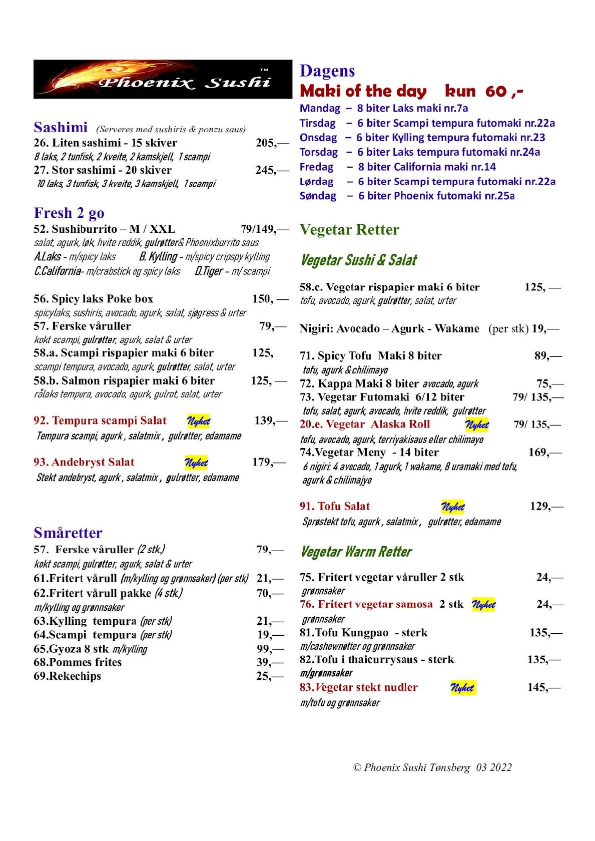 Carta del restaurante Phoenix Sushi Tonsberg - Take away, Tønsberg