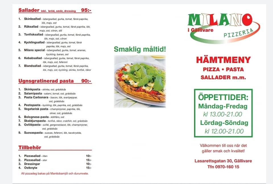 Menu at Pizzeria Milano, Gällivare