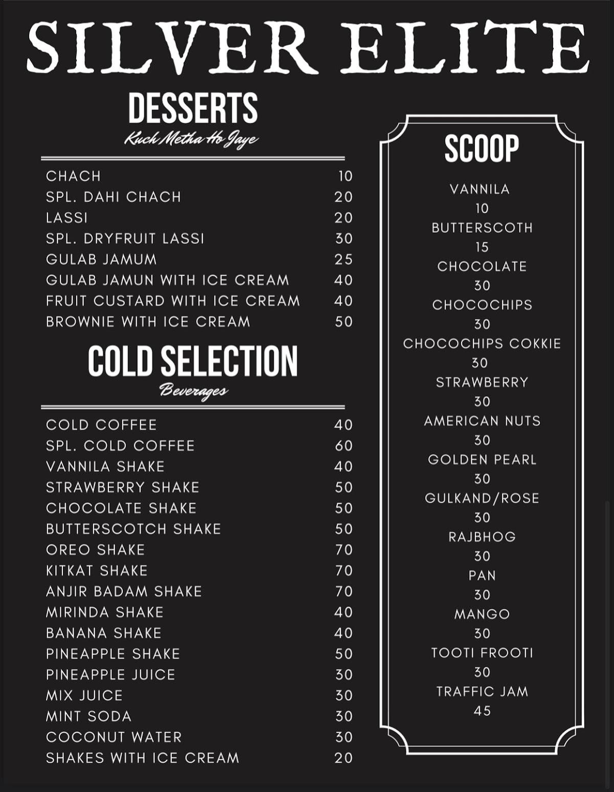Menu at Silver Elite, Bari Sadri