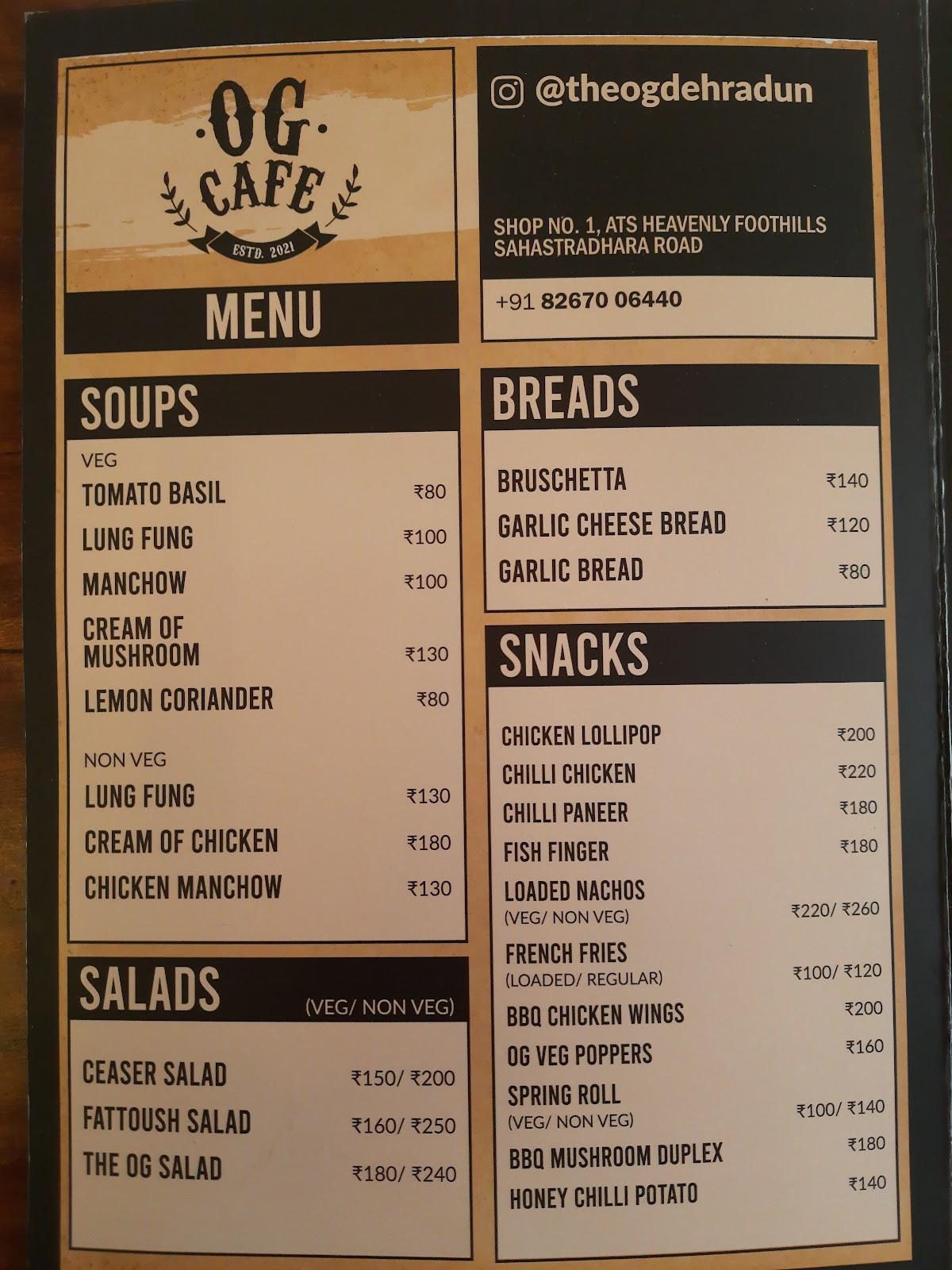 Menu at The OG Cafe, Dehradun