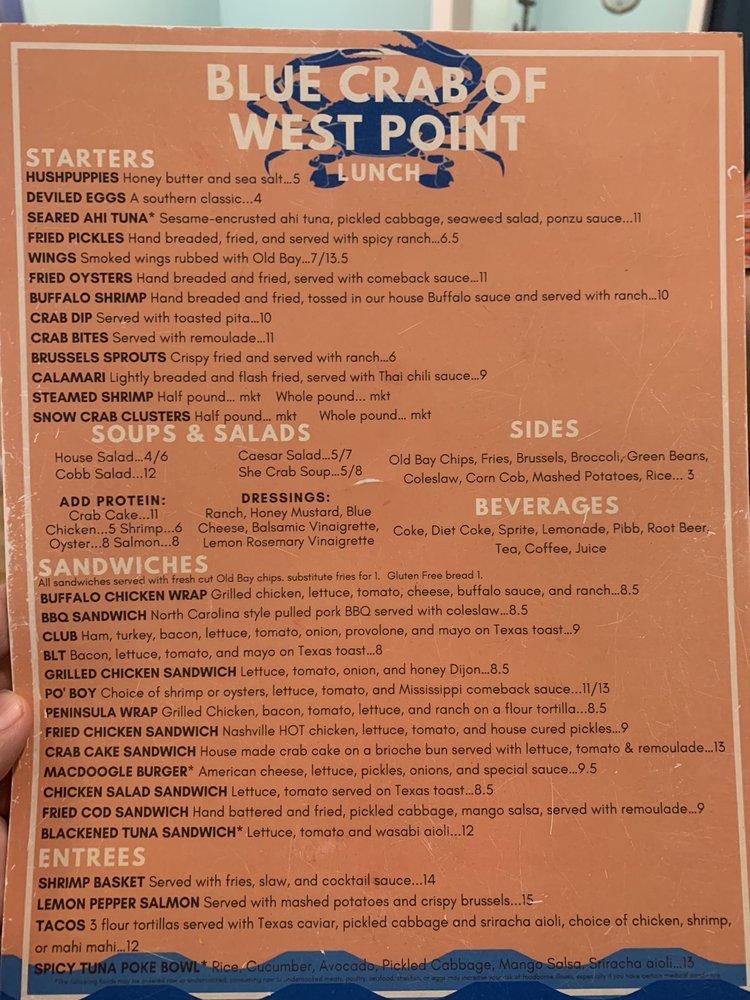 Menu at Blue Crab Restaurant, West Point, 620 Main St