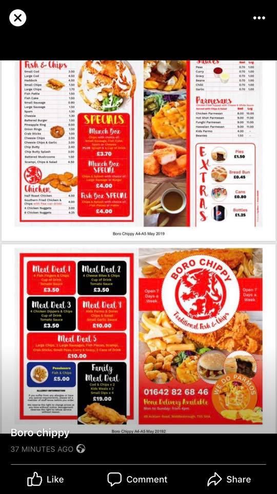 Menu at Flippers Fish & Chip Shop restaurant, Saltburn-by-the-Sea