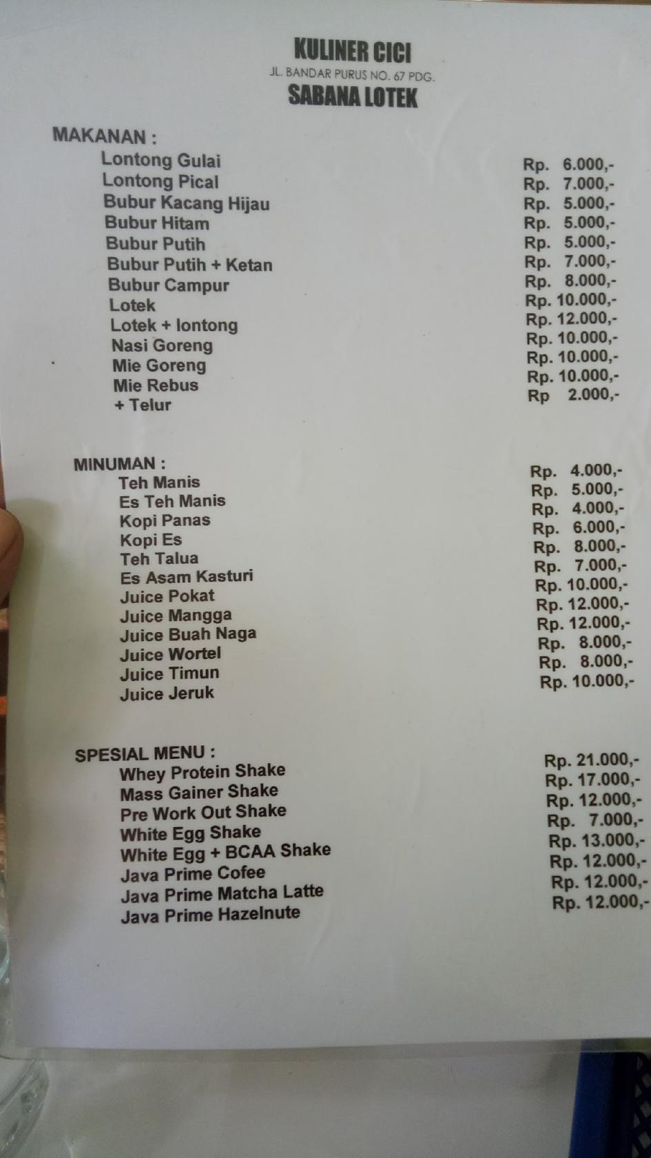 Menu at Kuliner Cici Sabana lotek cafe, Padang