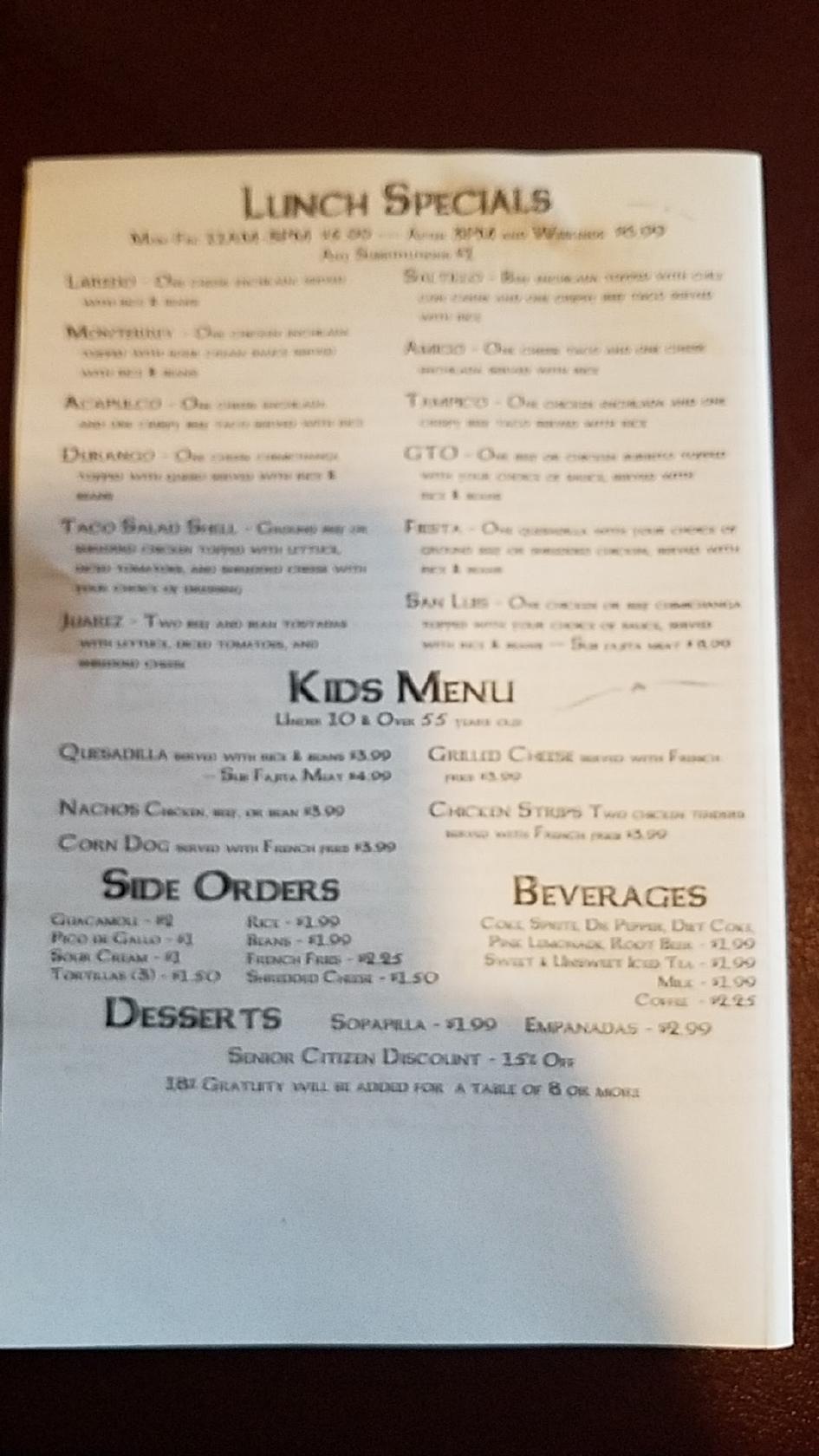 Menu at Manuelito's Mexican Restaurant, Lake Kiowa