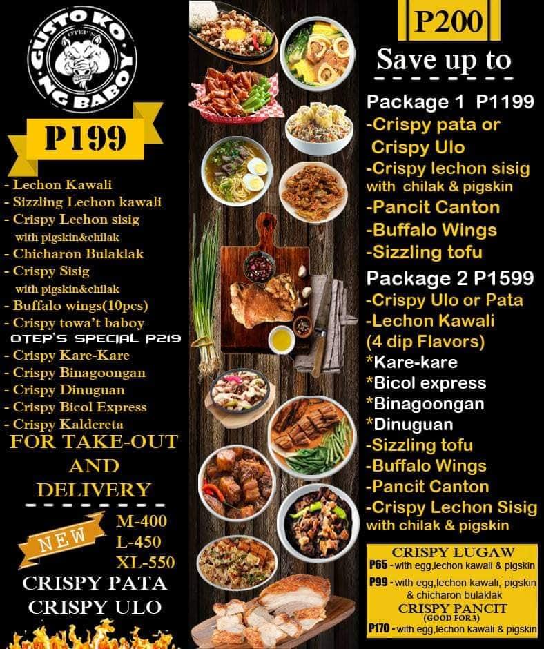 Menu at Otep's Lechon Kawali restaurant, Calamba