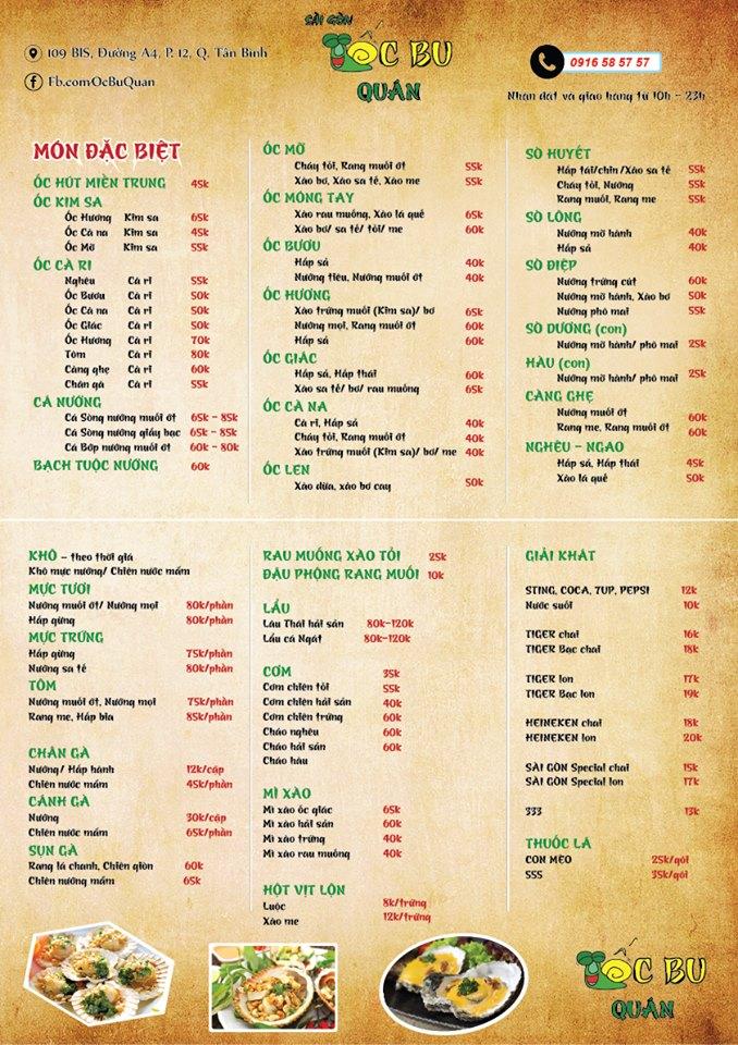 Menu at Ốc Bu Quán restaurant, Ho Chi Minh City
