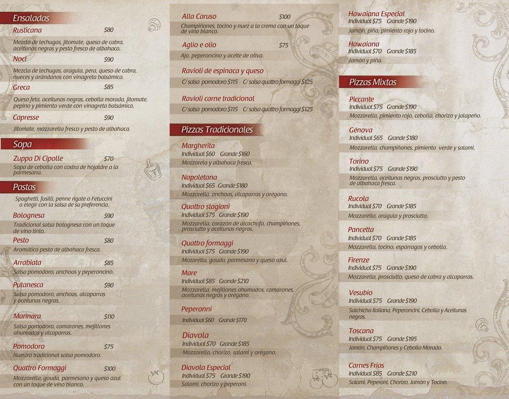 Menu at Pizza Rusticana pizzeria, Mexico City