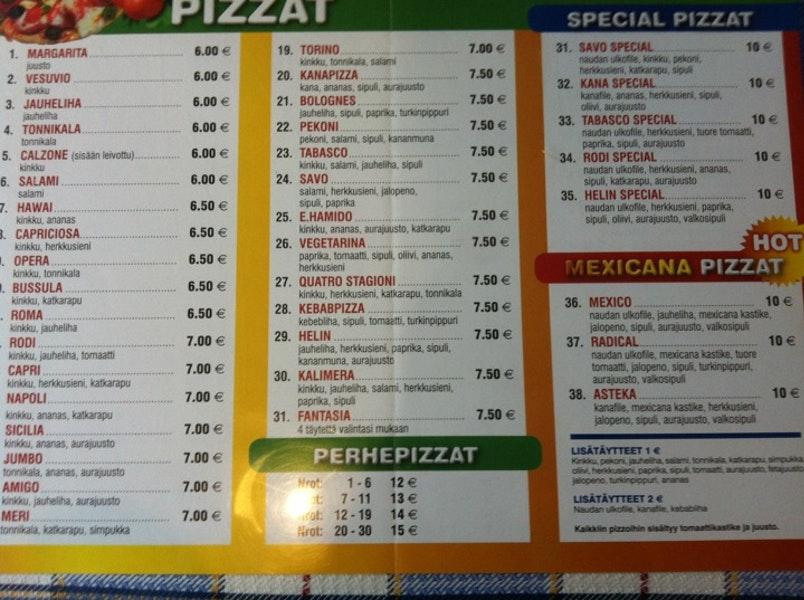 Menu at Pizzeria Kebab Tabasco, Kangasniemi