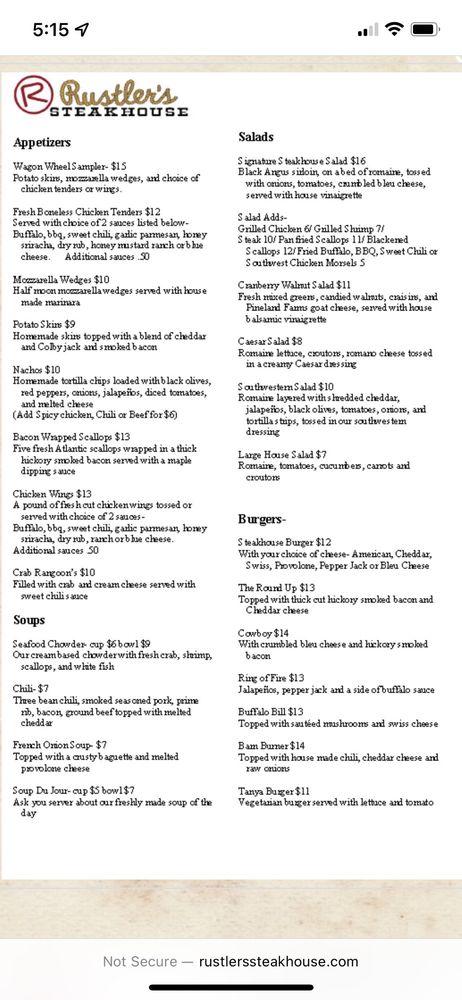 Menu at Rustlers Steak House steakhouse, Windham