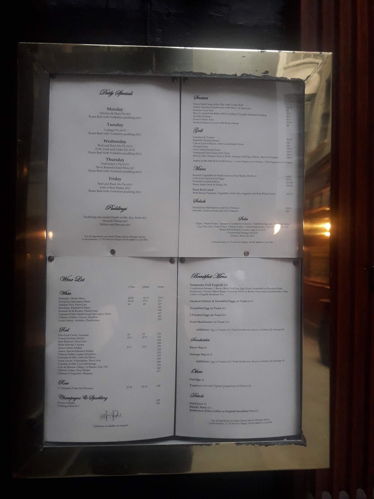Menu at Simpson’s Tavern pub & bar, London