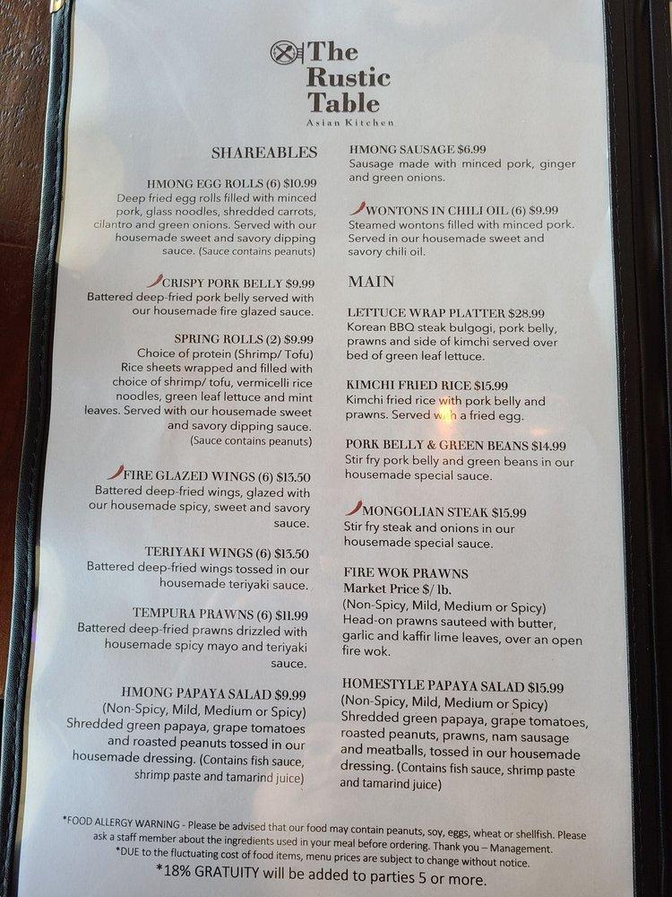 Menu at The Rustic Table Asian Kitchen restaurant, Redding