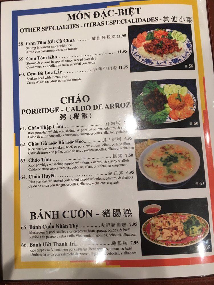Menu at Viet Huong Restaurant, El Monte
