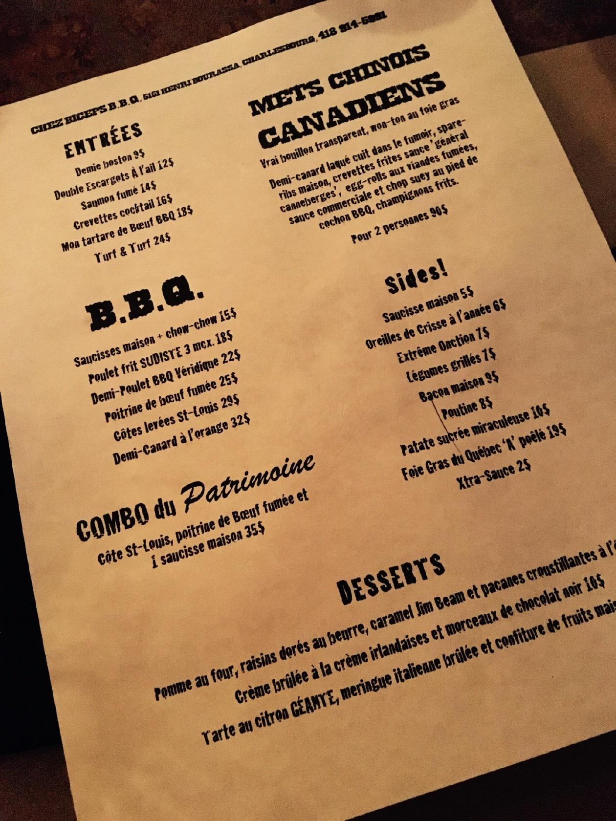 Carta de Chez Biceps BBQ, Quebec
