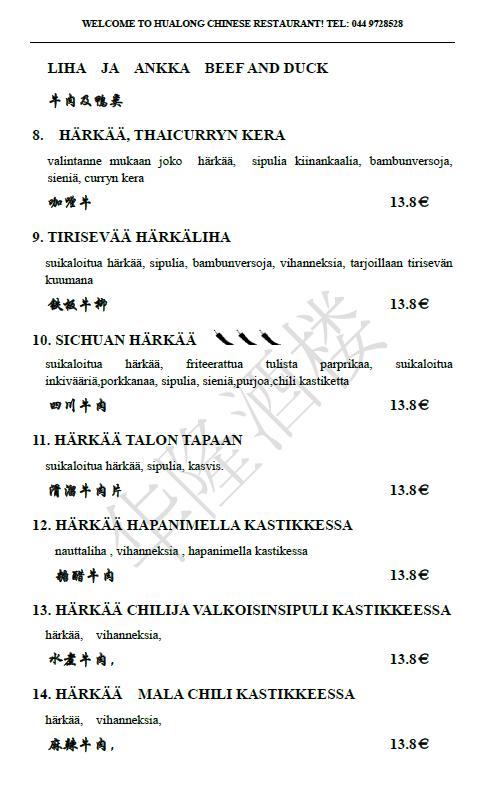 Menu at Hualong restaurant, Jyväskylä