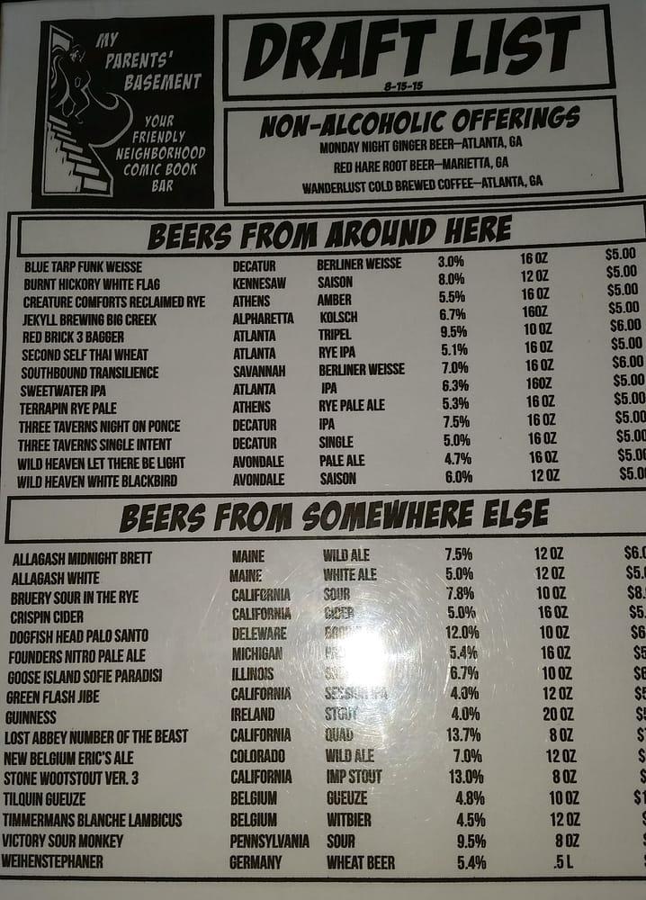 Menu at My Parents' Basement pub & bar, Avondale Estates