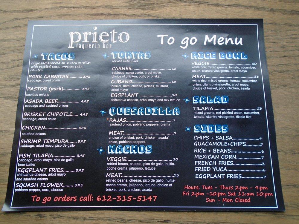 Menu at Prieto Taqueria Bar, Minneapolis, Nicollet Ave
