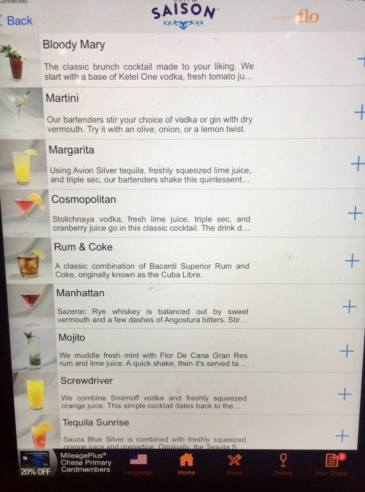 Menu at Saison restaurant, Newark, Terminal C