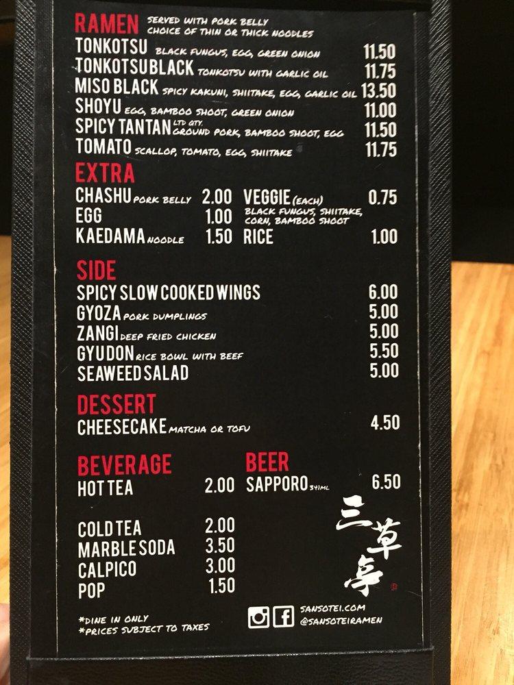 Menu at Sansotei Ramen restaurant, Ottawa, 153 Bank St