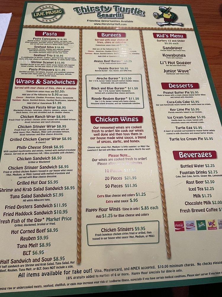 Menu at Thirsty Turtle Seagrill restaurant, Port St. Lucie