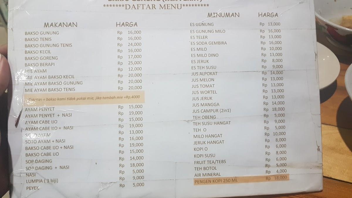 Carta del restaurante Bakso Gunung Tembesi, Batam