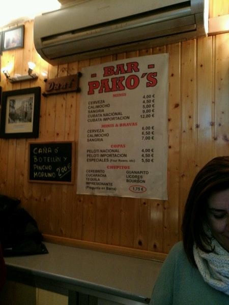 Menu at Bar Cerveceria Pako's, Madrid