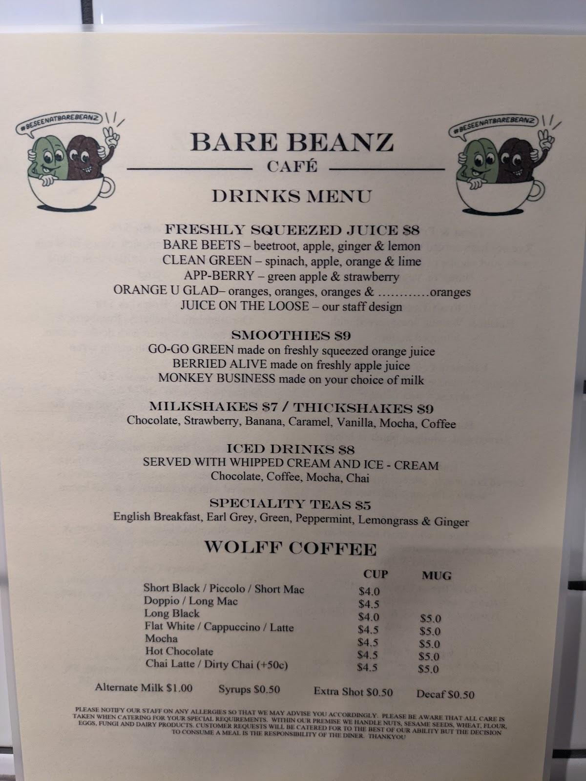 Menu at Bare Beanz Cafe, Fortitude Valley