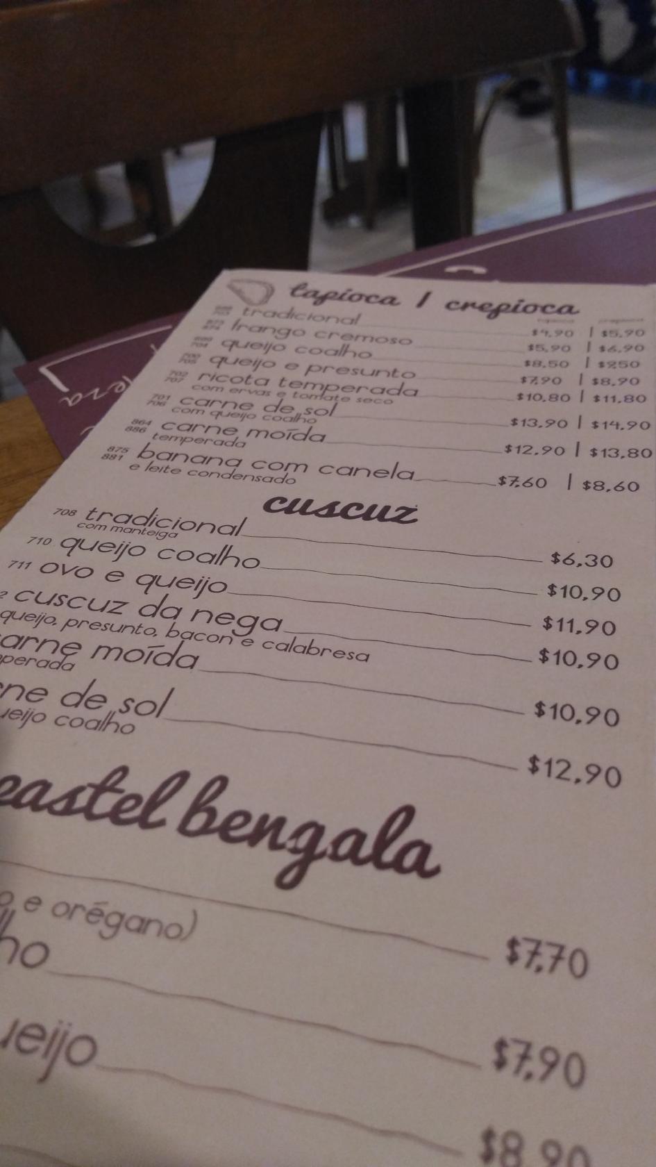 Menu at Chez Café, Fortaleza, Av. Viena Weyne