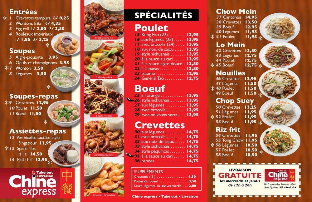 Menu au Chine Express restaurant, Levis, Rte des Rivières #301