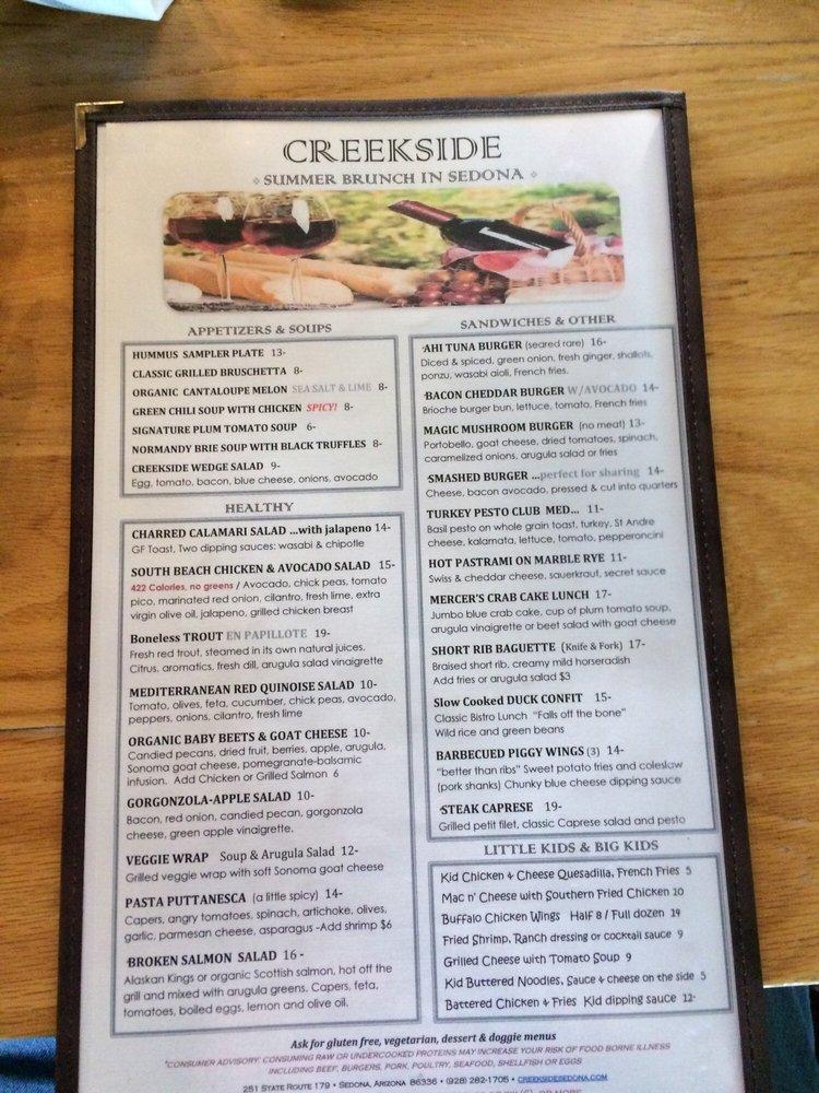 Menu at Creekside American Bistro pub & bar, Sedona, 251 AZ-179