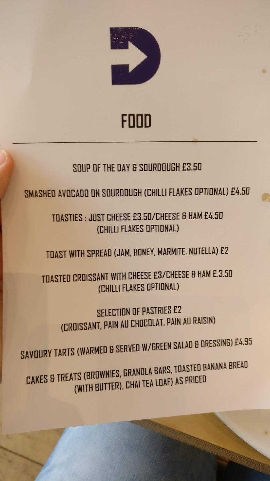 Menu at Detour Espresso cafe, Edinburgh