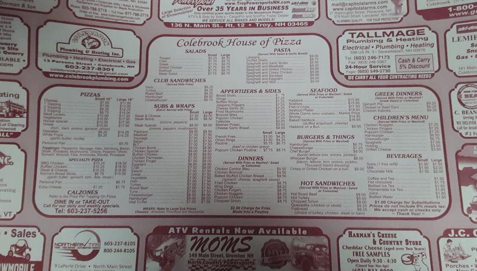 Carta de pizzería House of Pizza, Colebrook