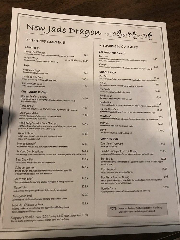 Menu at Jade Dragon Restaurant, Warwick