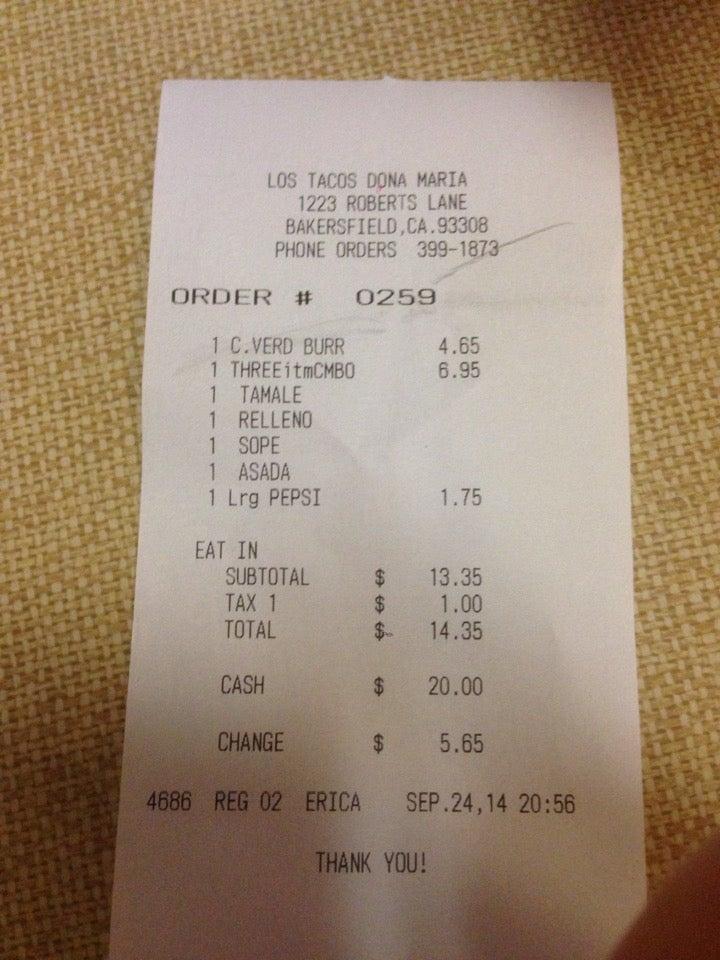Menu at Los Tacos restaurant, Bakersfield, Roberts Ln