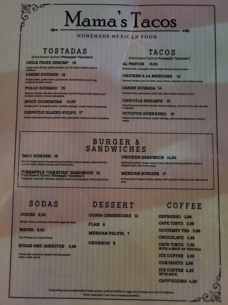 Menu at Mama's Tacos restaurant, Miami Beach