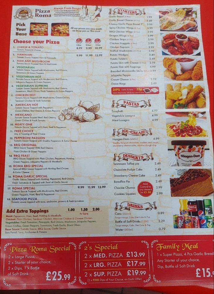 Menu at Pizza Roma pizzeria, London, 267 Brownhill Rd