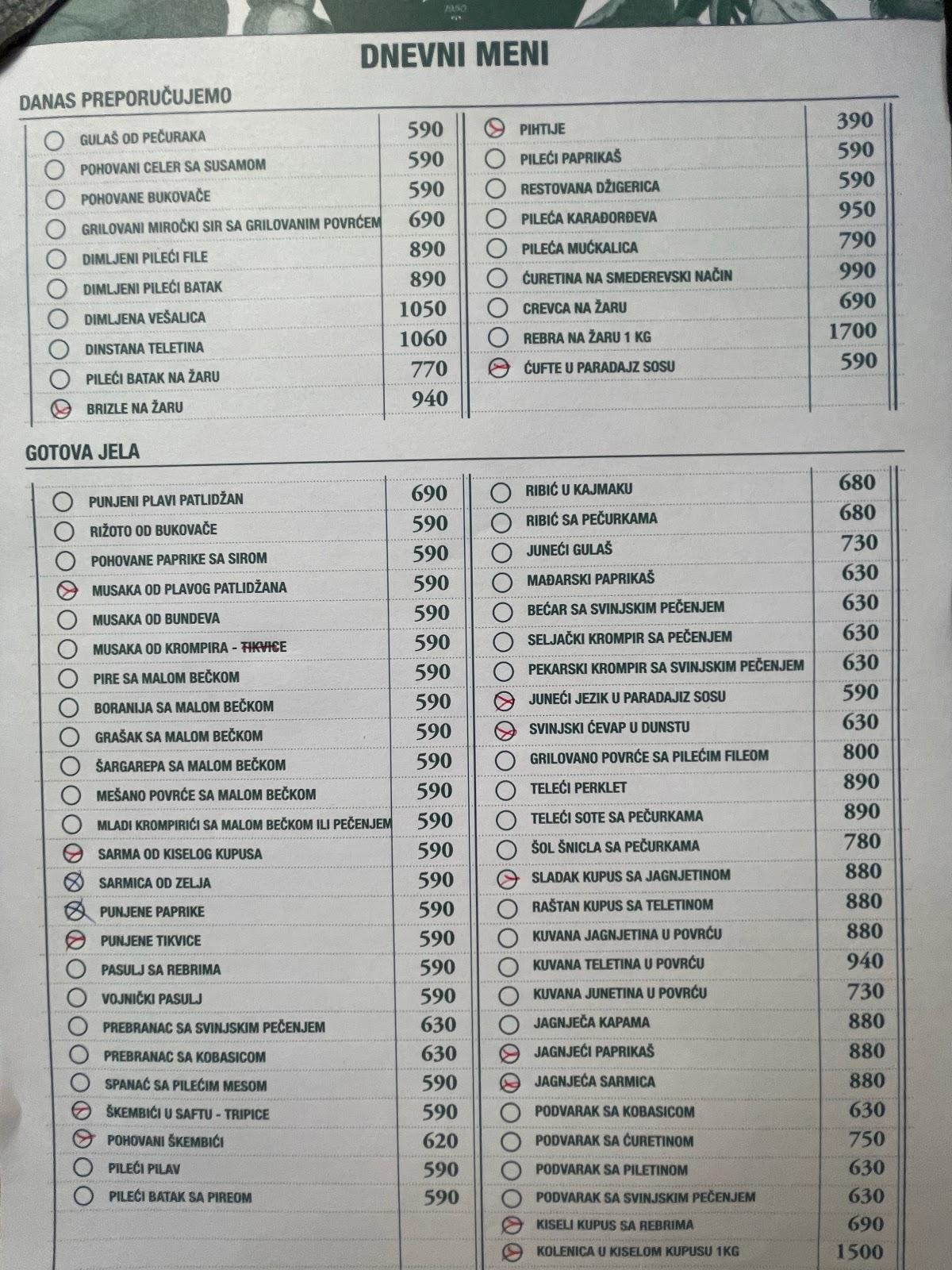 Menu at „Пролеће“ restaurant, Belgrade