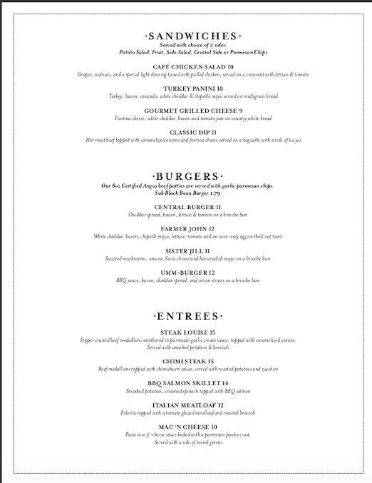 Menu at Sarah's on Central cafe, Eureka