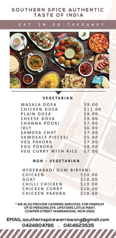 Menu at Southern Spice Indian restarunt, Warrawong
