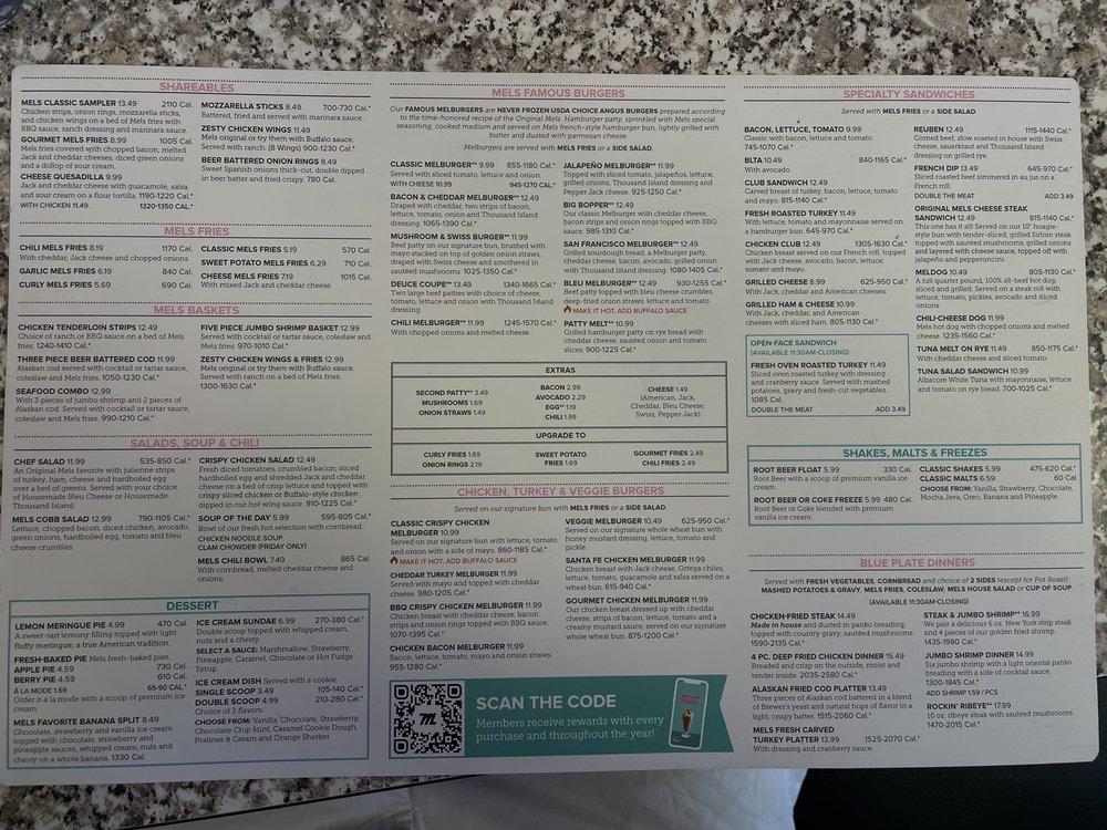 Menu at The Original Mels Diner restaurant, Fairfield